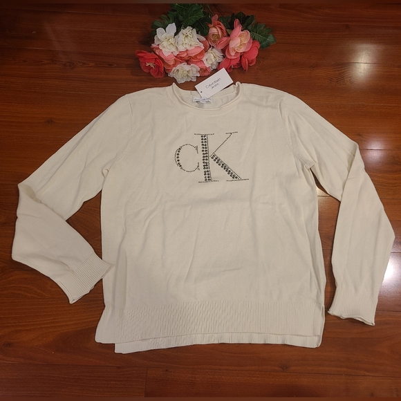 Calvin Klein | Sweaters | Calvin Klein Off White Rhinestone Ck Logo ...